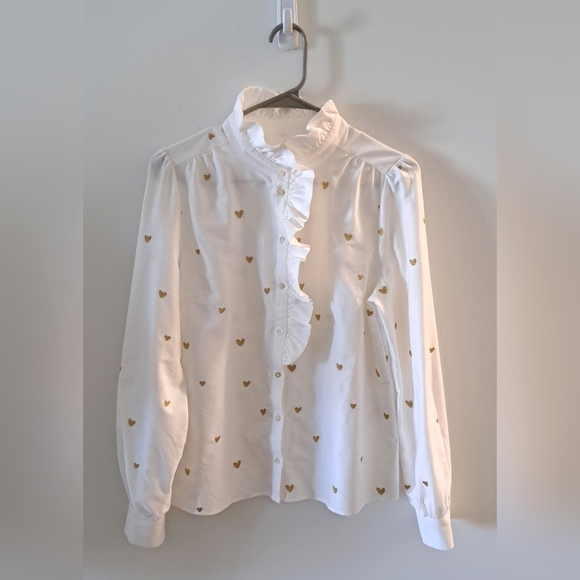 Sezane | Tops | Sezane Chloe Heart Ruffle Shirt Buttons White With Gold ...